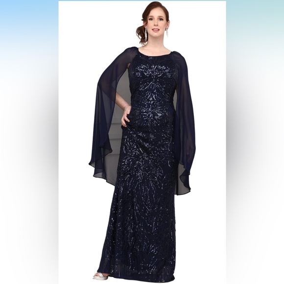 R&M Richards | Dresses | Rm Richards Navy Beaded Sequin Lace Cape ...